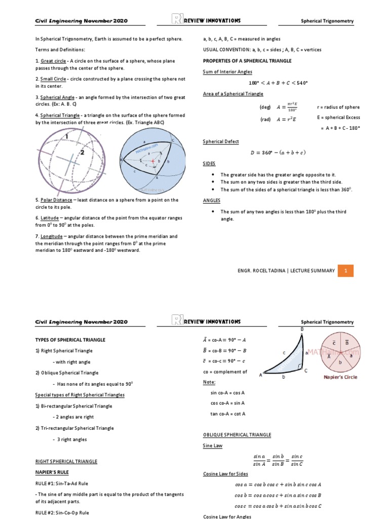 Spherical Trigonometry Lecture Summary | PDF | Sphere | Triangle
