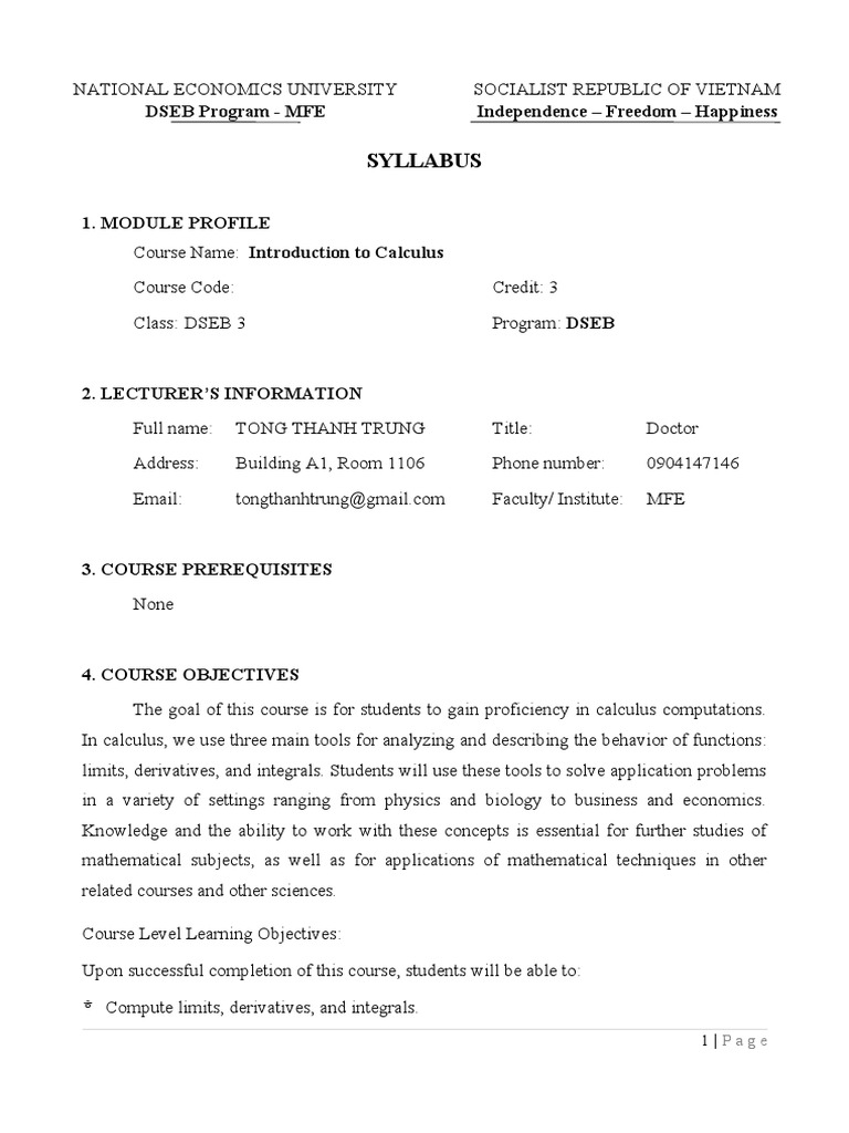 Syllabus - Calculus 1 - DSEB | PDF | Derivative | Function (Mathematics)