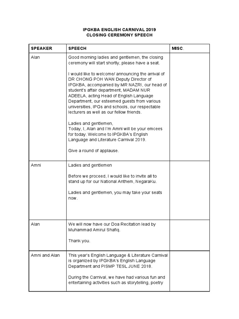 Closing Ceremony Speech | PDF