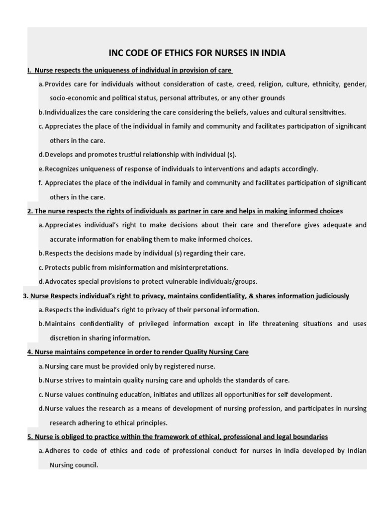 Inc Code of Ethics For Nurses in India | PDF | Nursing | Competence ...