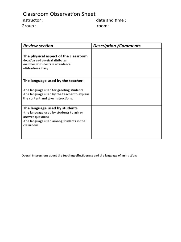 Classroom Observation Sheet: Review Section Description /comments | PDF