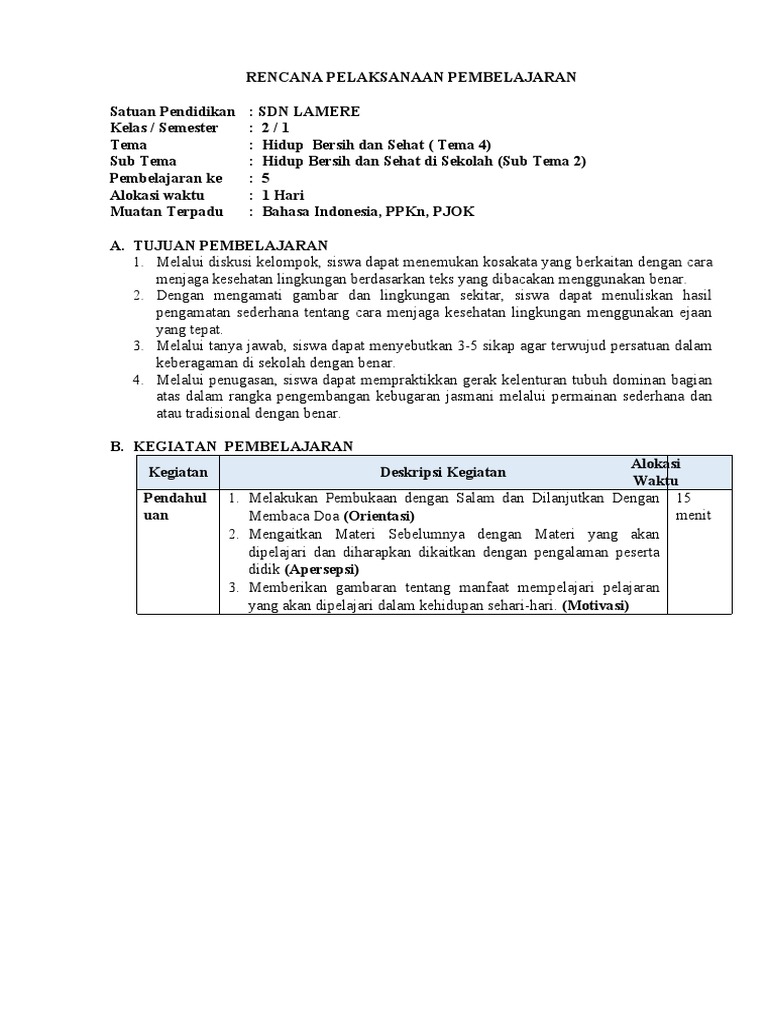 RPP Kelas 2 Tema 4 Subtema 2 Pembelajaran 5 K13 Revisi 2020 | PDF ...