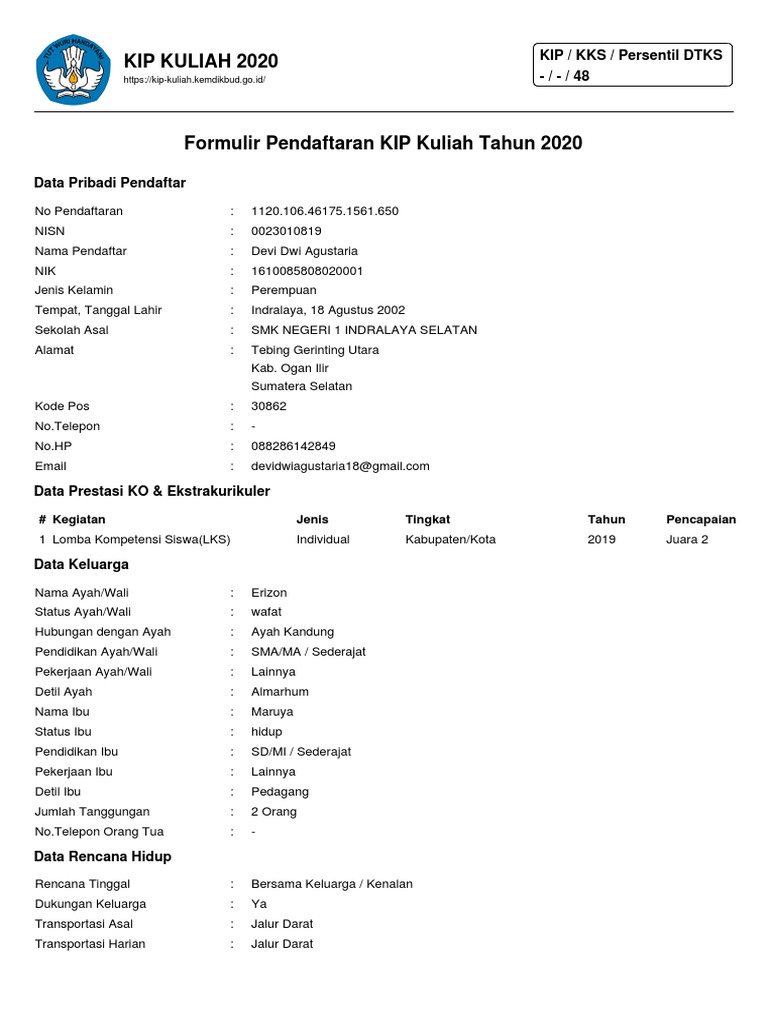 Formulir Peserta KIP Kuliah 2020 | PDF