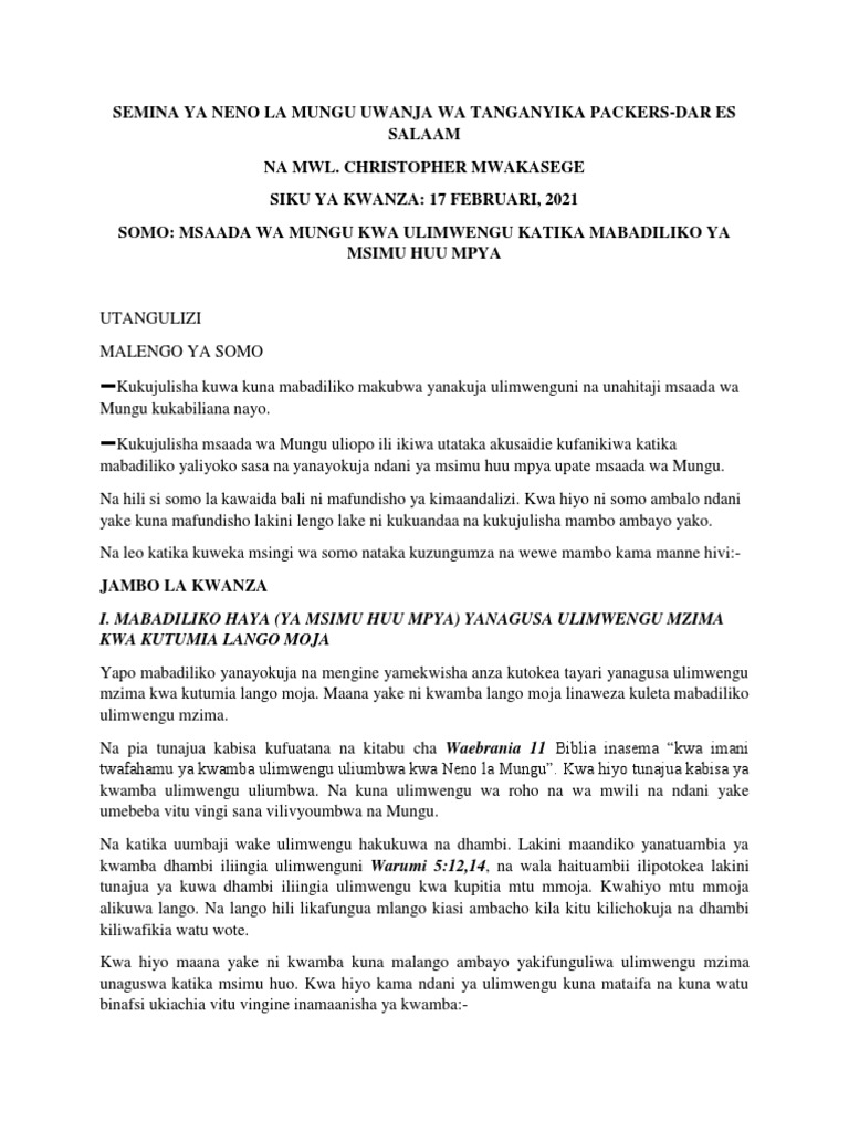 Semina Ya Neno La Mungu Uwanja Wa Tanganyika Packers | PDF