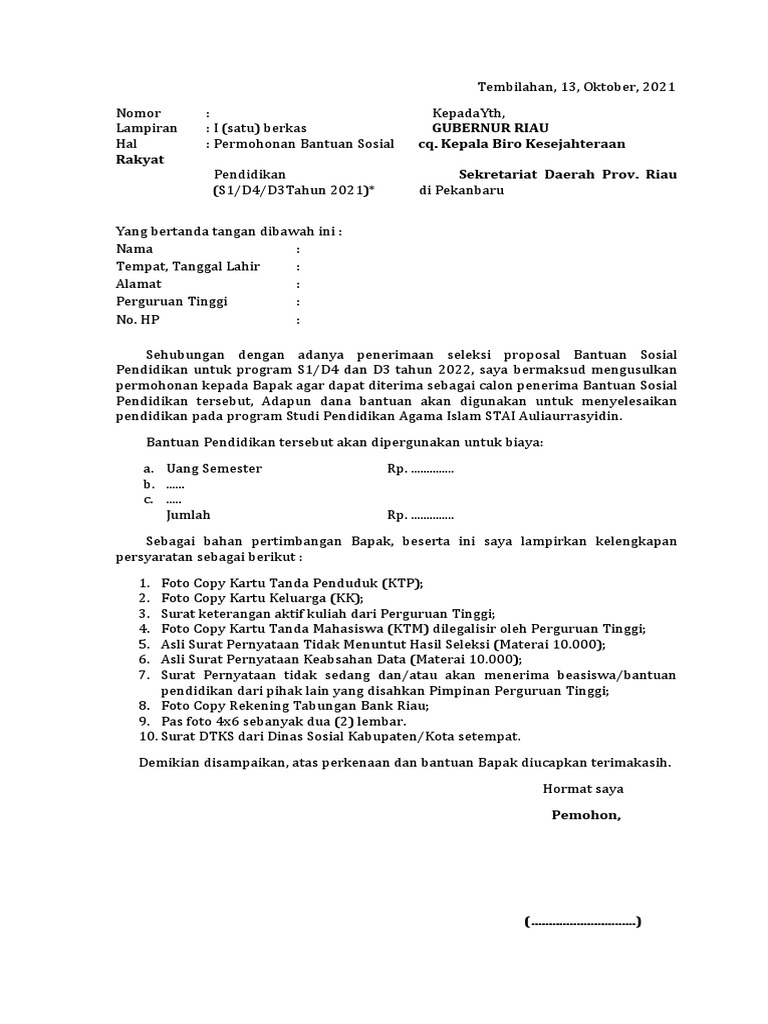 Format Surat Permohonan Bansos 2022-1 | PDF
