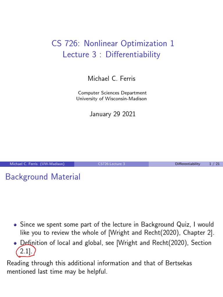 CS 726: Nonlinear Optimization 1 Lecture 3: Di Erentiability | PDF ...