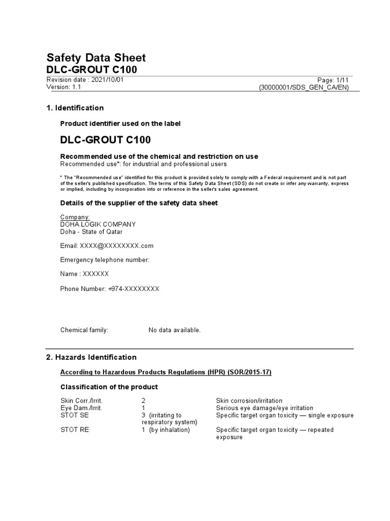 GROUT C100 Msds V 1.1 | PDF | Toxicity | Carcinogen