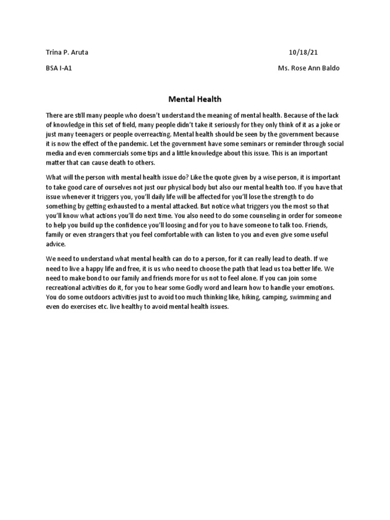 Essay About Mental Health Purcomm | PDF