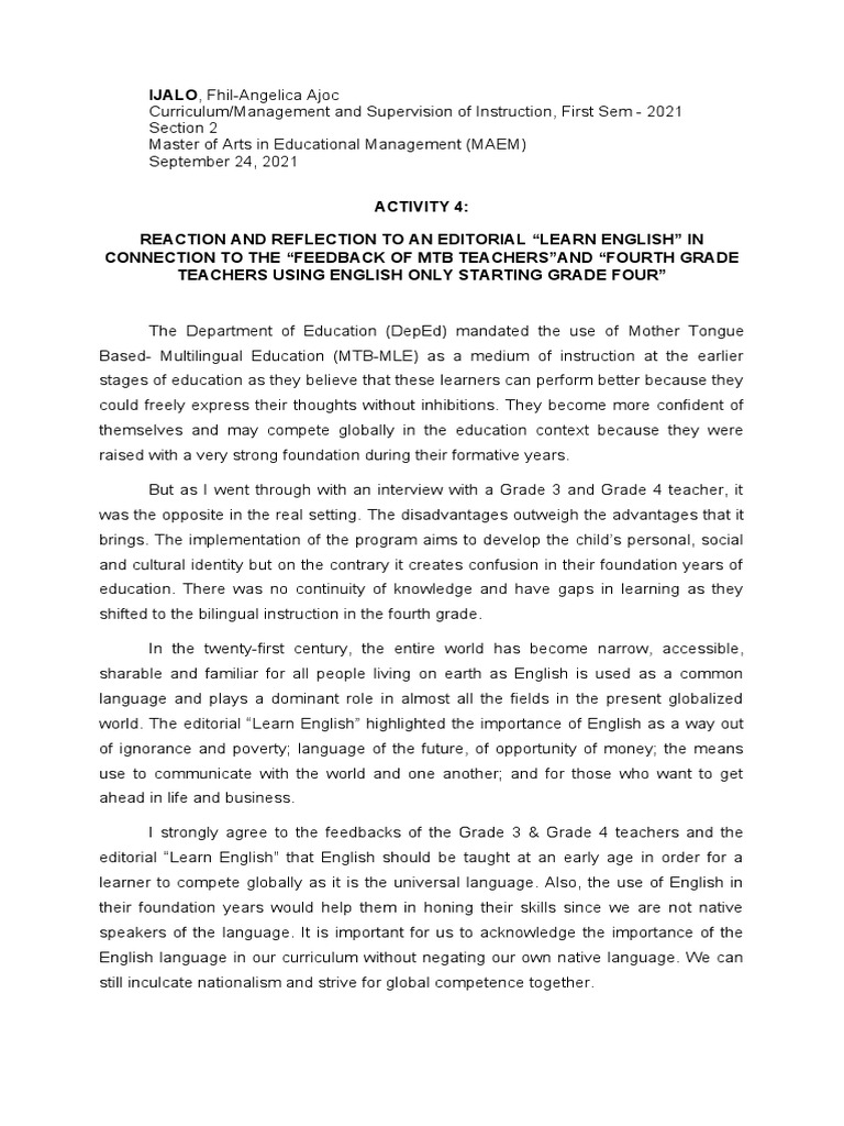 Activity 4 - REFLECTION OR REACTION TO AN EDITORIAL (IJALO, Fhil-Angelica A.) | Download Free ...