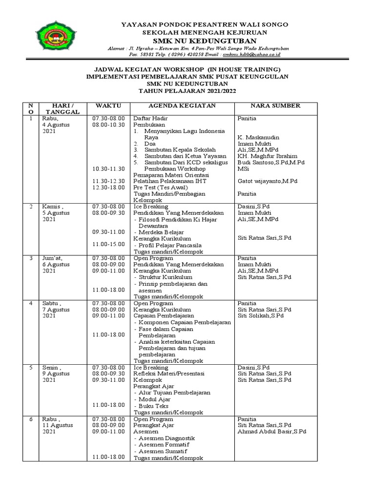 Rundown IHT SMK NU Kedungtuban | PDF