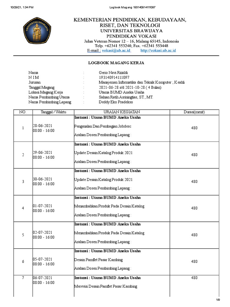 Logbook Magang 193140914111097 | PDF