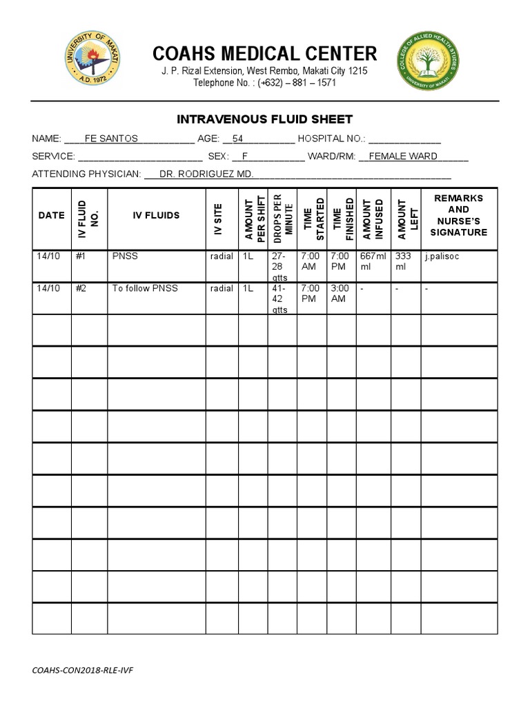 Coahs Medical Center: Intravenous Fluid Sheet | PDF | Medicine ...