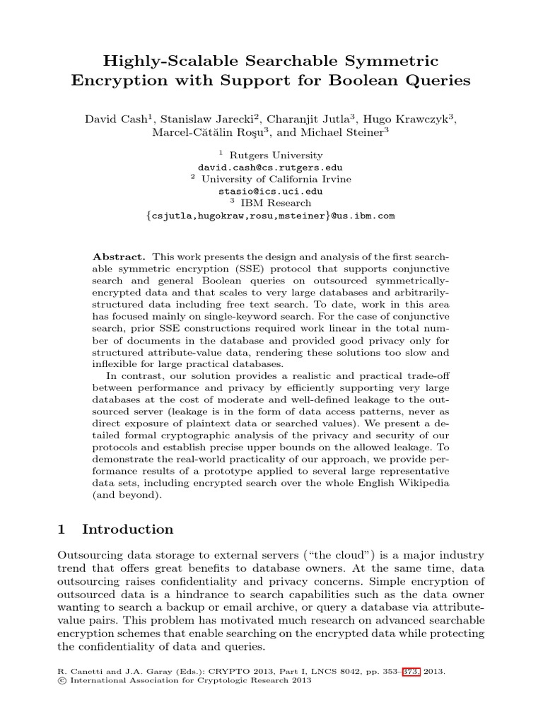 Cash2013 - Highly Scalable Searchable Symmetric Encryption With Support For Boolean Queries ...