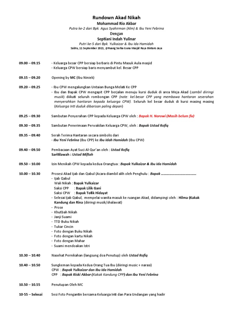 Rundown Akad Nikah Rio & Septifor MC | PDF