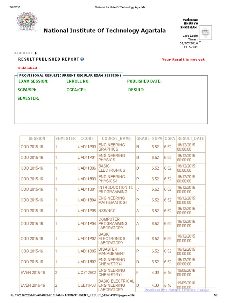 National Institute of Technology Agartala: Result Published Report | PDF | Engineering | Science