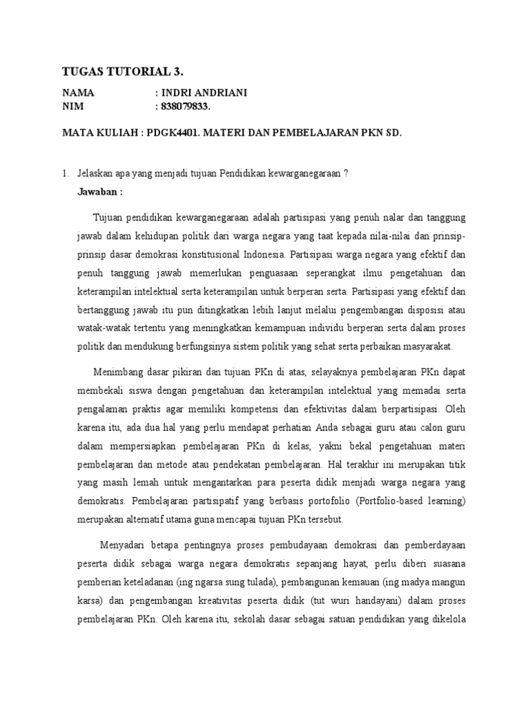 Tugas Tutorial 3. Materi Dan Pembelajaran PKN SD. | PDF