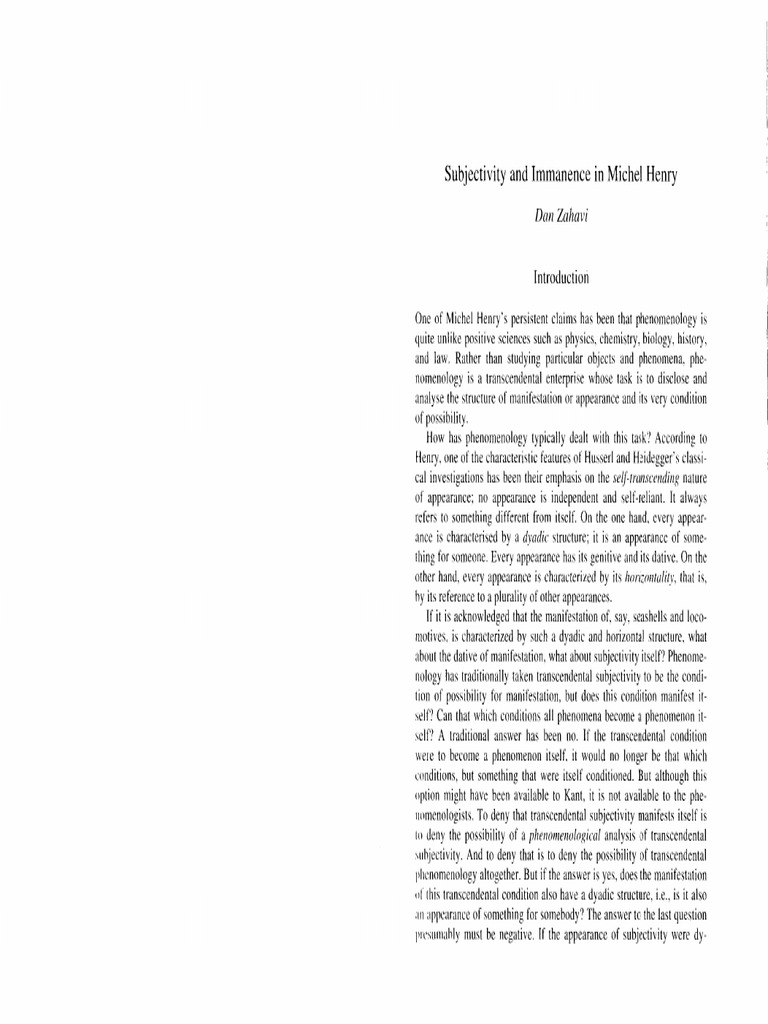 Zahavi, Subjectivity and Immanence in Michel Henry | PDF ...