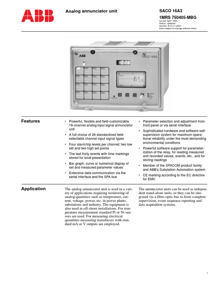 Analog Annunciator Unit: 1MRS 750405-MBG SACO 16A3 | PDF | Relay ...