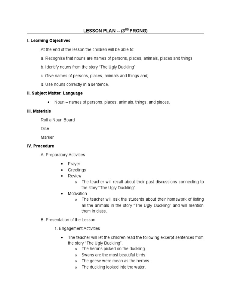 Lesson Plan - (3 Prong) : I. Learning Objectives | PDF | The Ugly ...