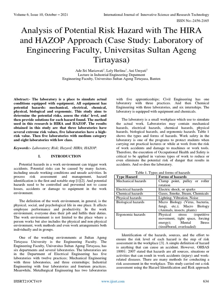 Analysis of Potential Risk Hazard With The HIRA and HAZOP Approach ...