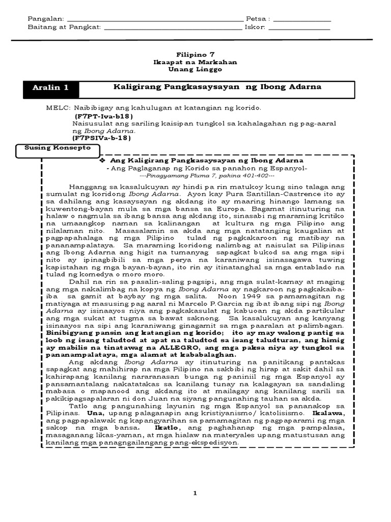 Filipino 7 Q4 Week 1 - Kaligirang Pangkasaysayan NG Ibong Adarna | PDF