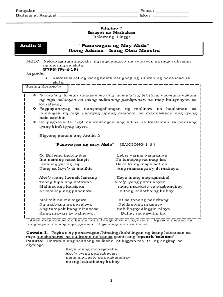 Filipino 7 Q4 Week 2 - "Panawagan NG May Akda" | PDF