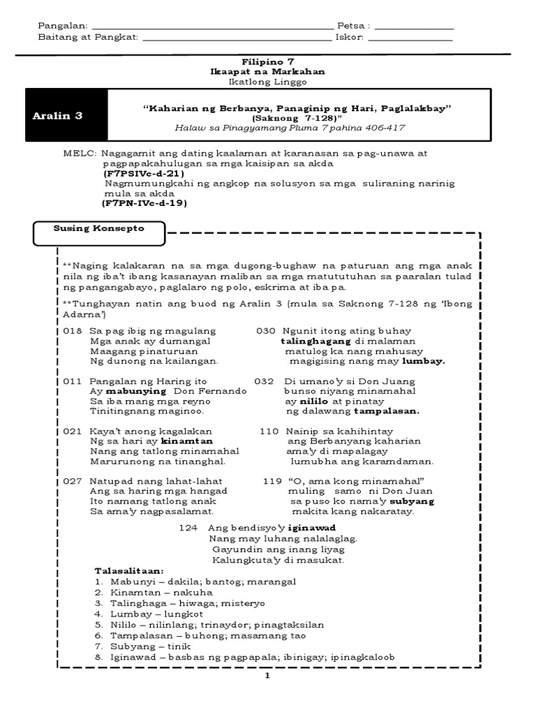 Filipino 7 Q4 Week 3 - "Kaharian NG Berbanya, Panaginip NG Hari, Paglalakbay" | PDF