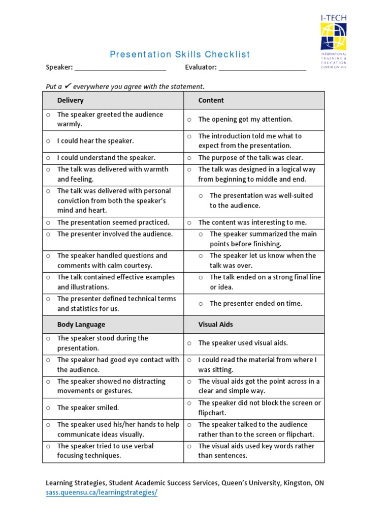 Presentation Skills Checklist | PDF | Body Language | Human Communication