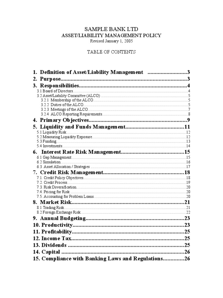 Sample Asset Liability Management Policy | PDF