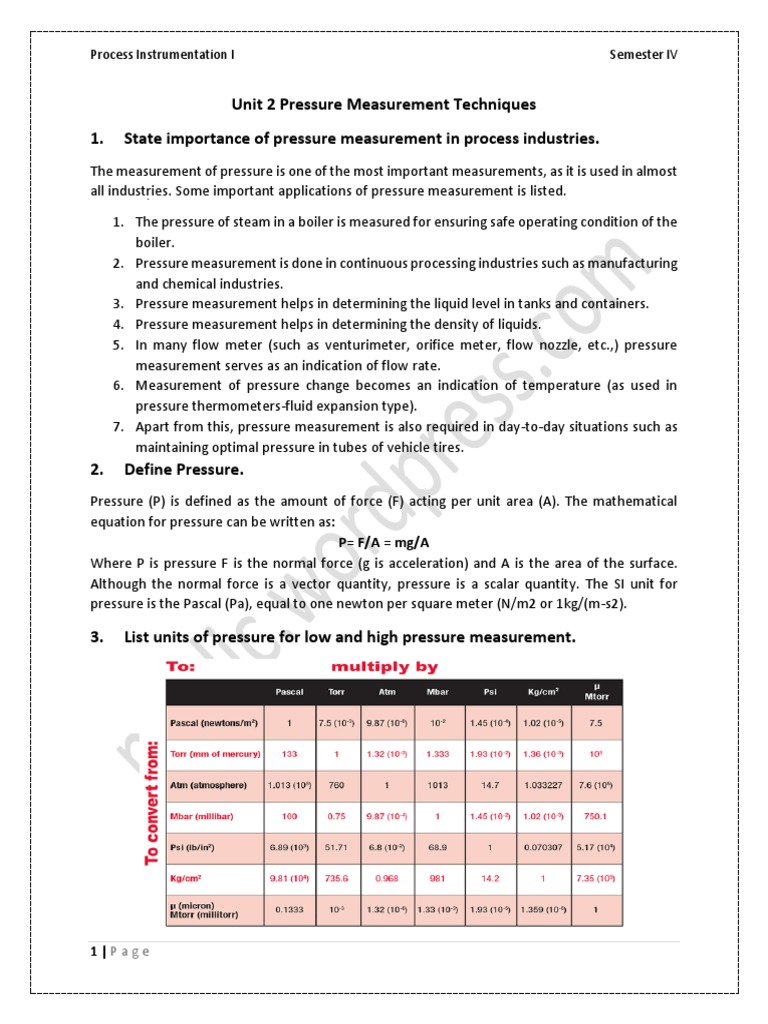 Pi I Unit 2 Pressure Measurement | PDF | Pressure Measurement | Pressure