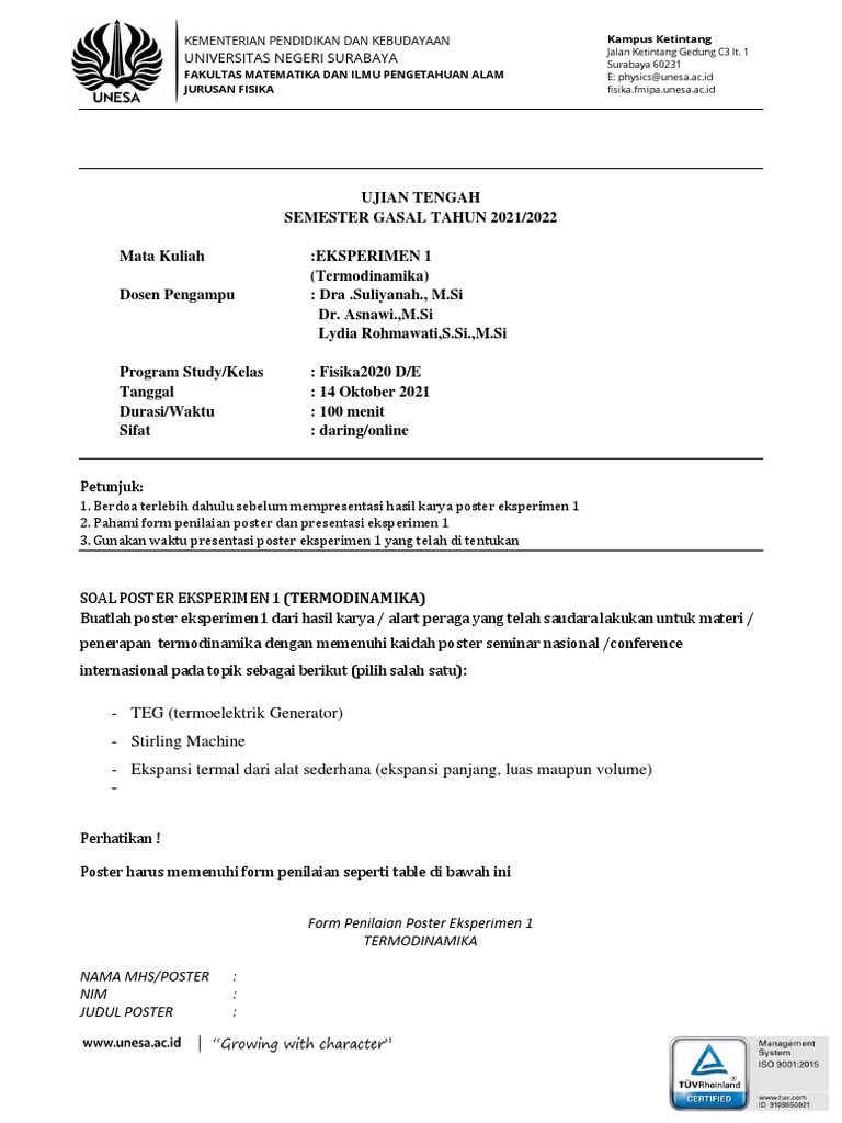Soal Uts Ekeprtimen 1 Semeseter Gasal 2021-2022 | PDF Soal Uts Ekeprtimen 1 Semeseter Gasal 2021-2022 | PDF