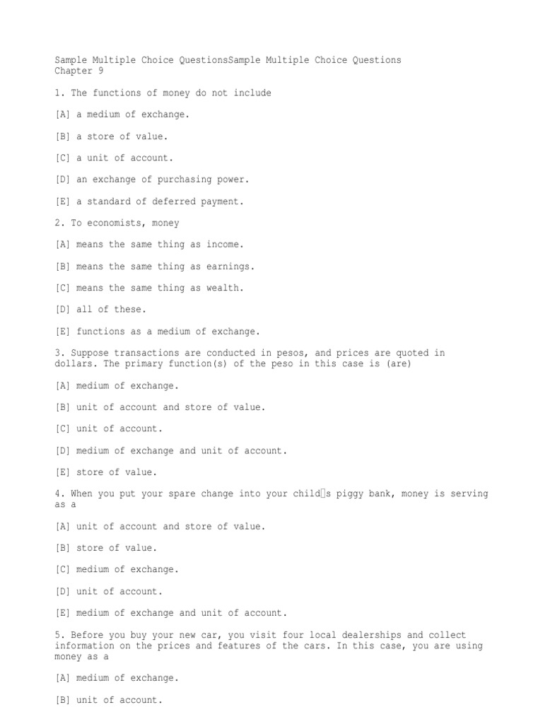 Money Functions: Chapter 9 Quiz | PDF | Money Supply | Deposit Account