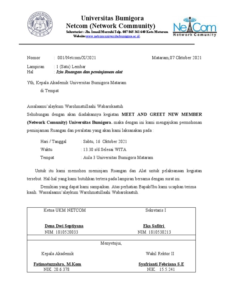 Surat Peminjaman Ruangan Dan Alat MEET and GREET NETCOM.1 | PDF