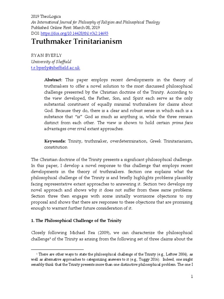 Truthmaker Trinitarianism: University of Sheffield | PDF | Trinity | God The Father