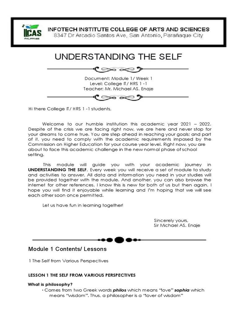 Understanding The Self: Module 1 Contents/ Lessons | PDF | Id | Soul
