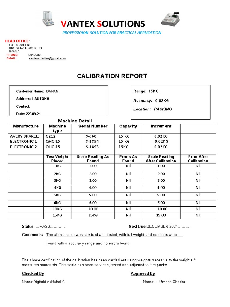 Calibration Report for DANAM Weighing Scales Provides Details on ...