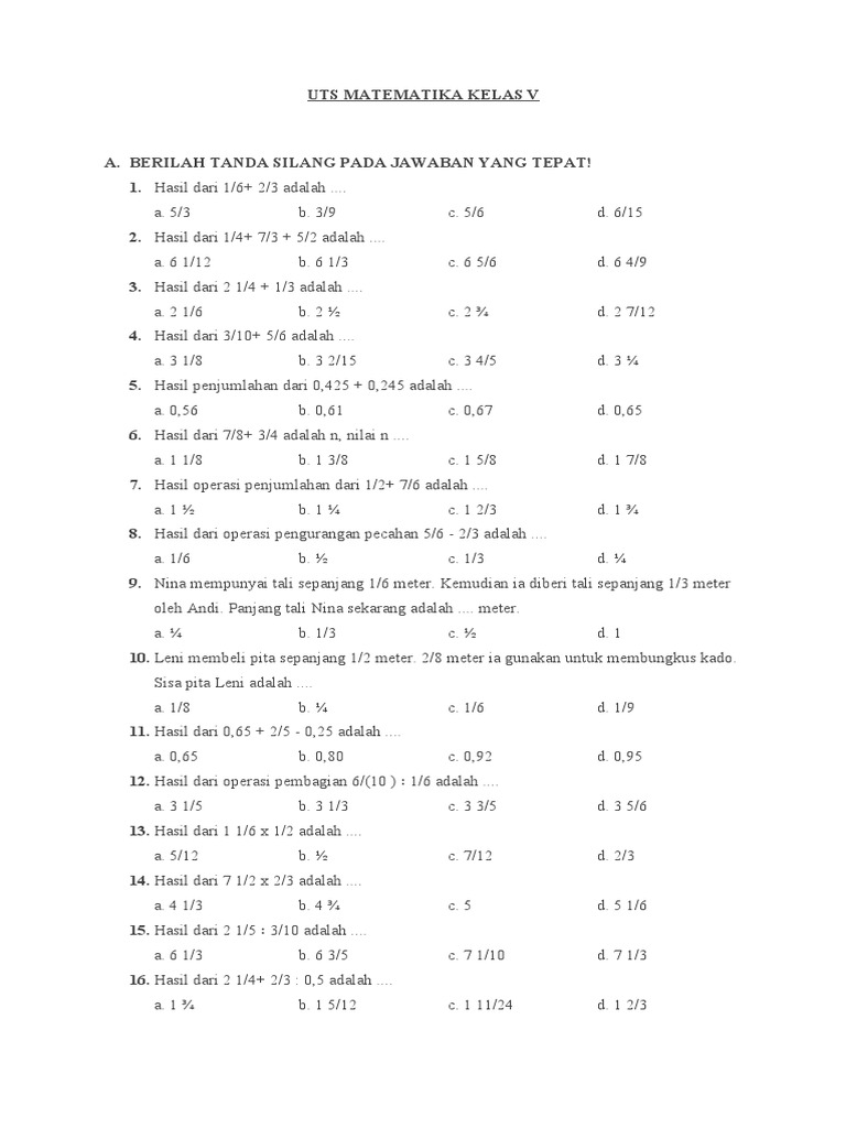 Uts MTK KLS 5 | PDF | Metode & Bahan Ajar