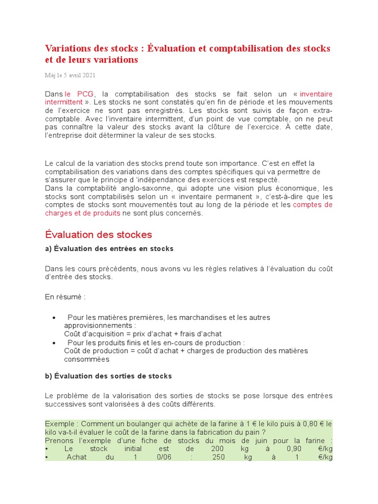 évaluation Et Comptabilisation Des Stocks Et De Leurs Variations Pdf
