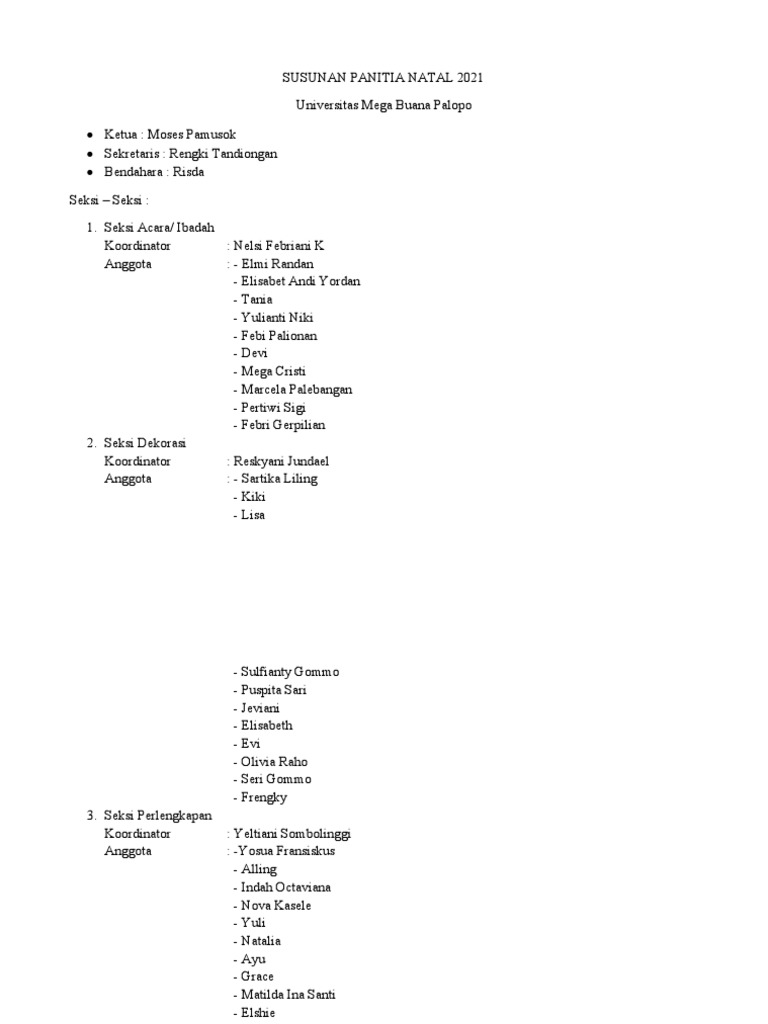 Susunan Panitia Natal 2021 | PDF