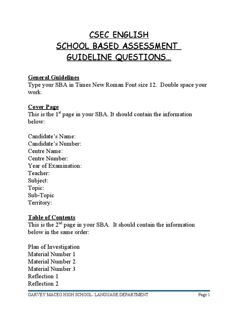 Csec English Sba Guidelines Questions Handout - Revised 2021 | PDF ...