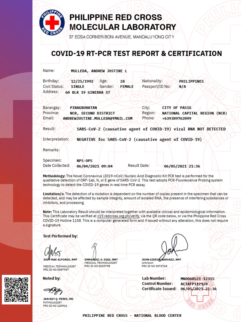 Philippine Red Cross Molecular Laboratory: Covid-19 RT-PCR Test Report ...