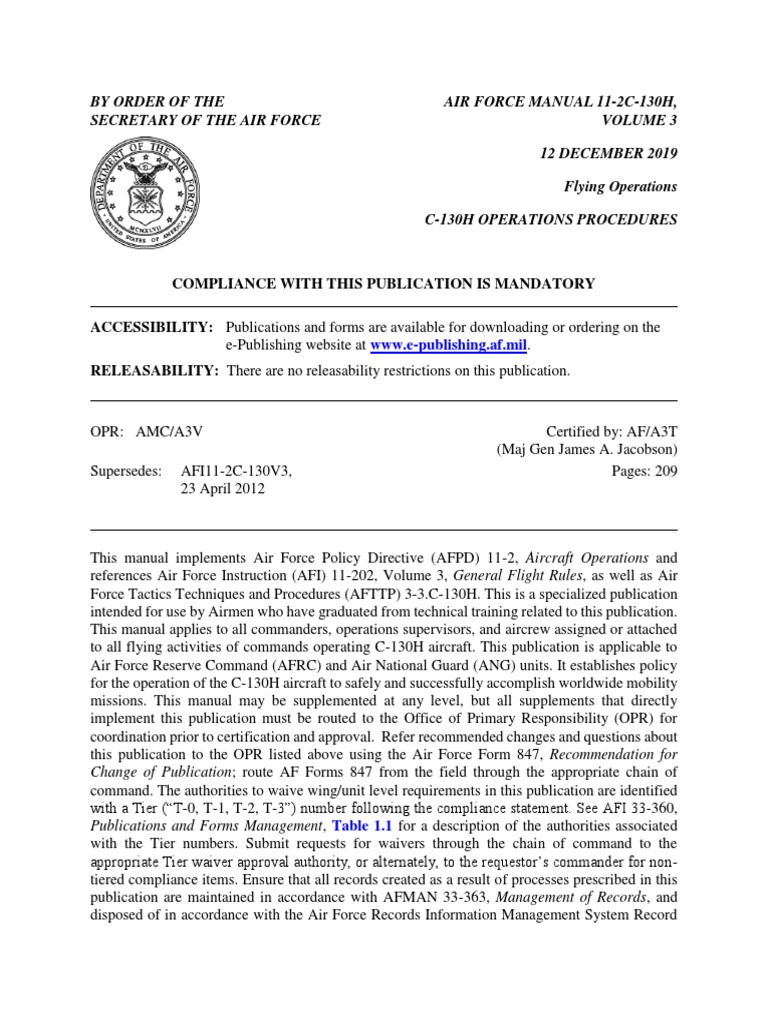 Afman 11-2C-130H V3 Operations Procedures | PDF | Parachuting | Transport