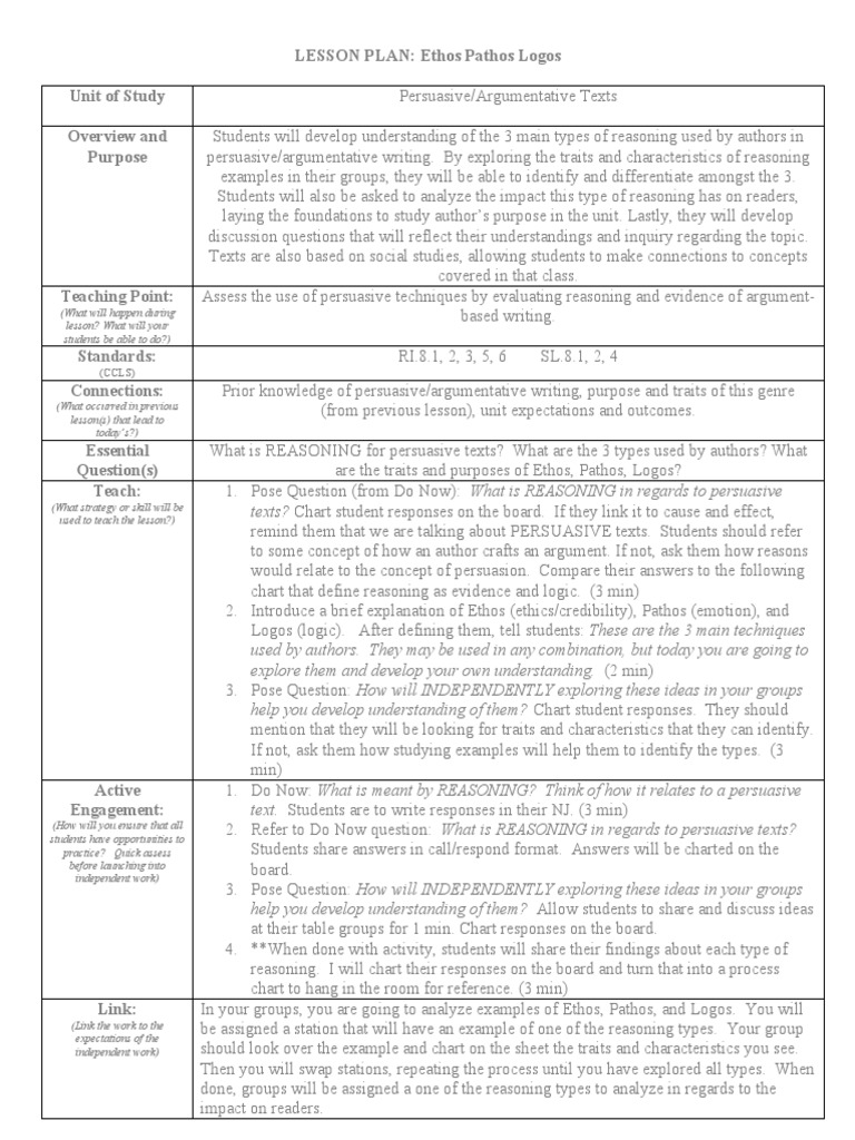 LESSON PLAN: Ethos Pathos Logos Unit of Study Overview and Purpose ...