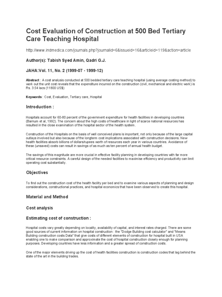 Cost Evaluation of Construction at 500 Bed Tertiary Care Teaching ...