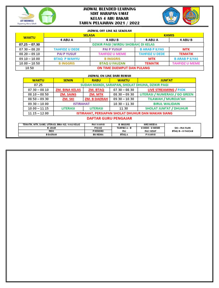 Jadwal Blended Learning Kelas 4 SDIT | PDF