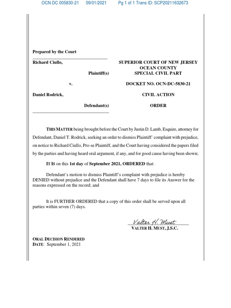 Order Denying Rodrick Motion To Dismiss | PDF