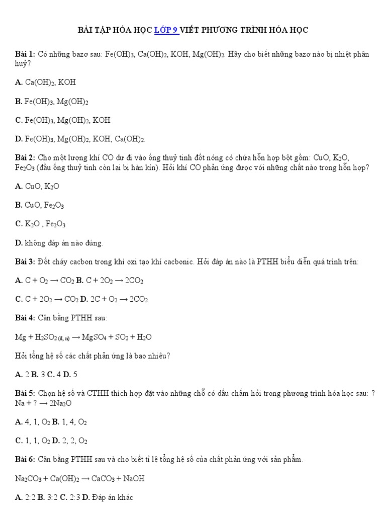 Bai Tap Viet Phuong Trinh Hoa Hoc Lop 9 | PDF