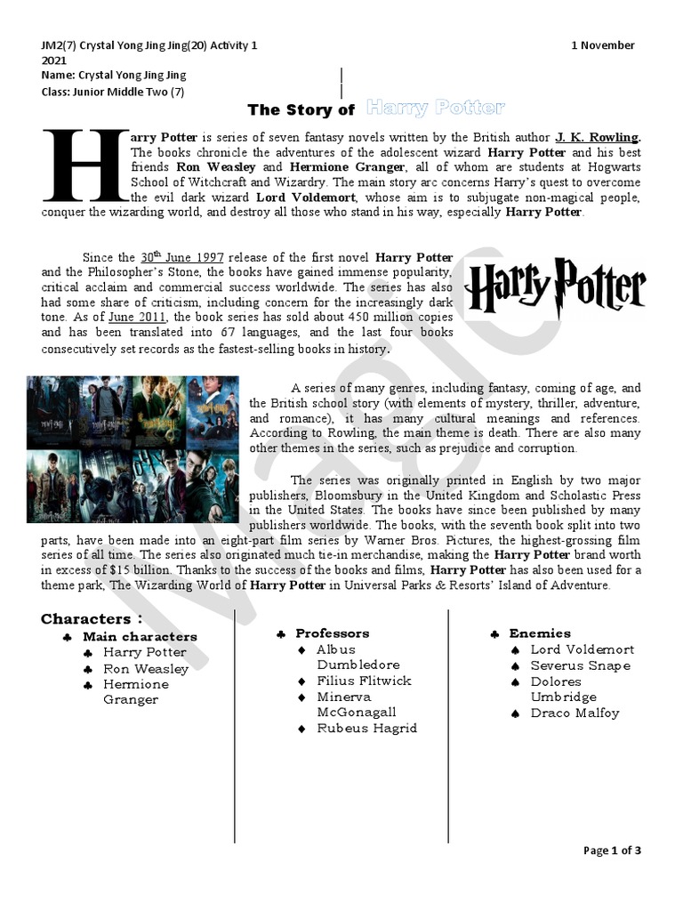 Harry Potter: The Story of | PDF | Harry Potter | Contemporary Fantasy ...