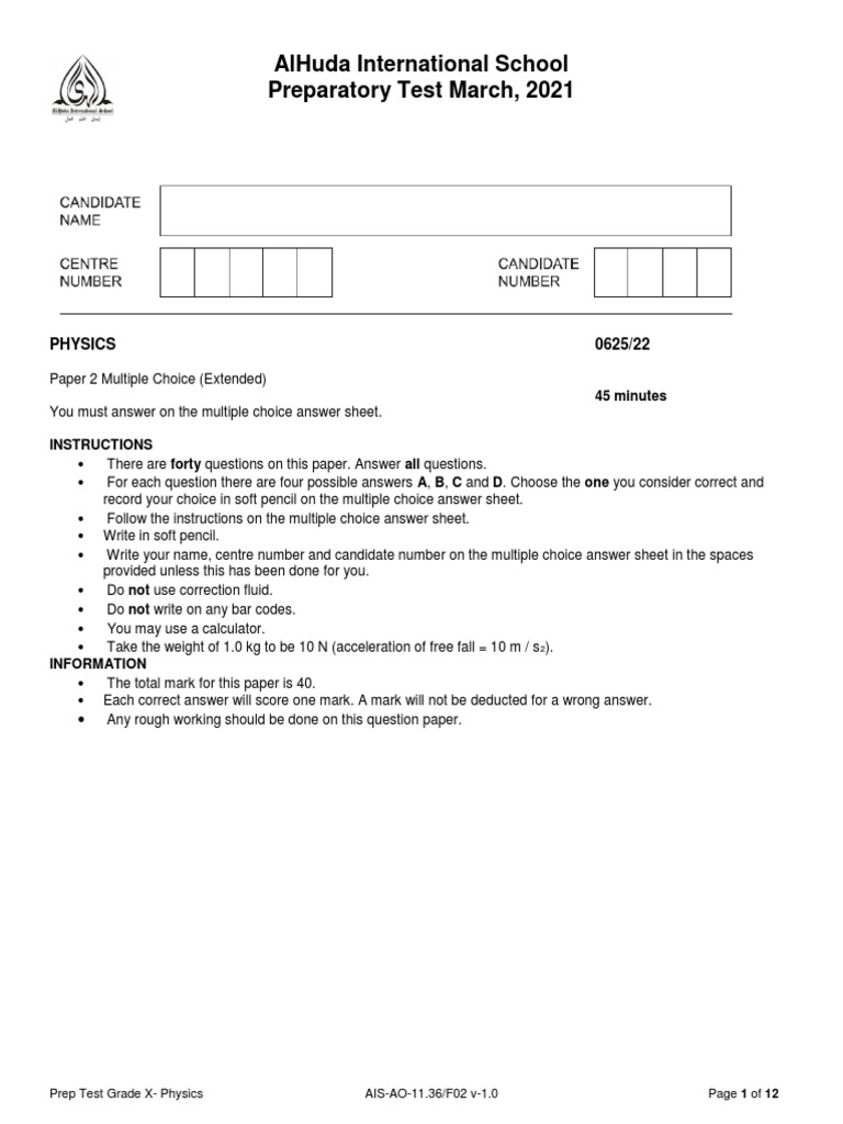 Physics Paper 2 - Prep Test-Grade 10 - 2020-21 | PDF