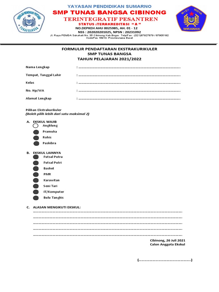 Formulir Pendaftaran Ekskul | PDF